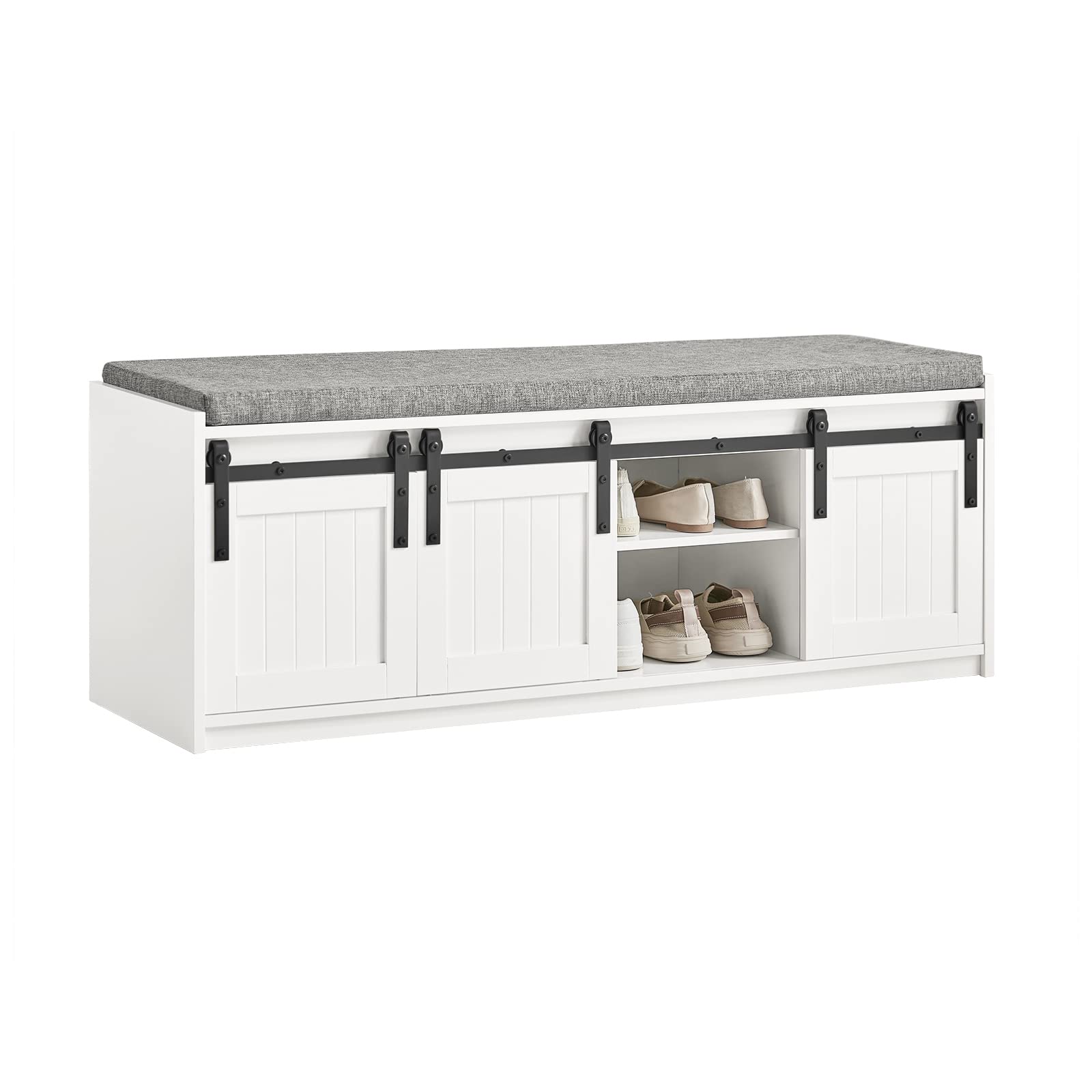 Haotian White Rustic Style Storage Bench with Sliding Barn Doors ...