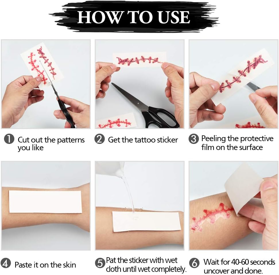 20 Halloween Temporary Tattoos, Halloween Zombie Scars Tattoos Stickers ...