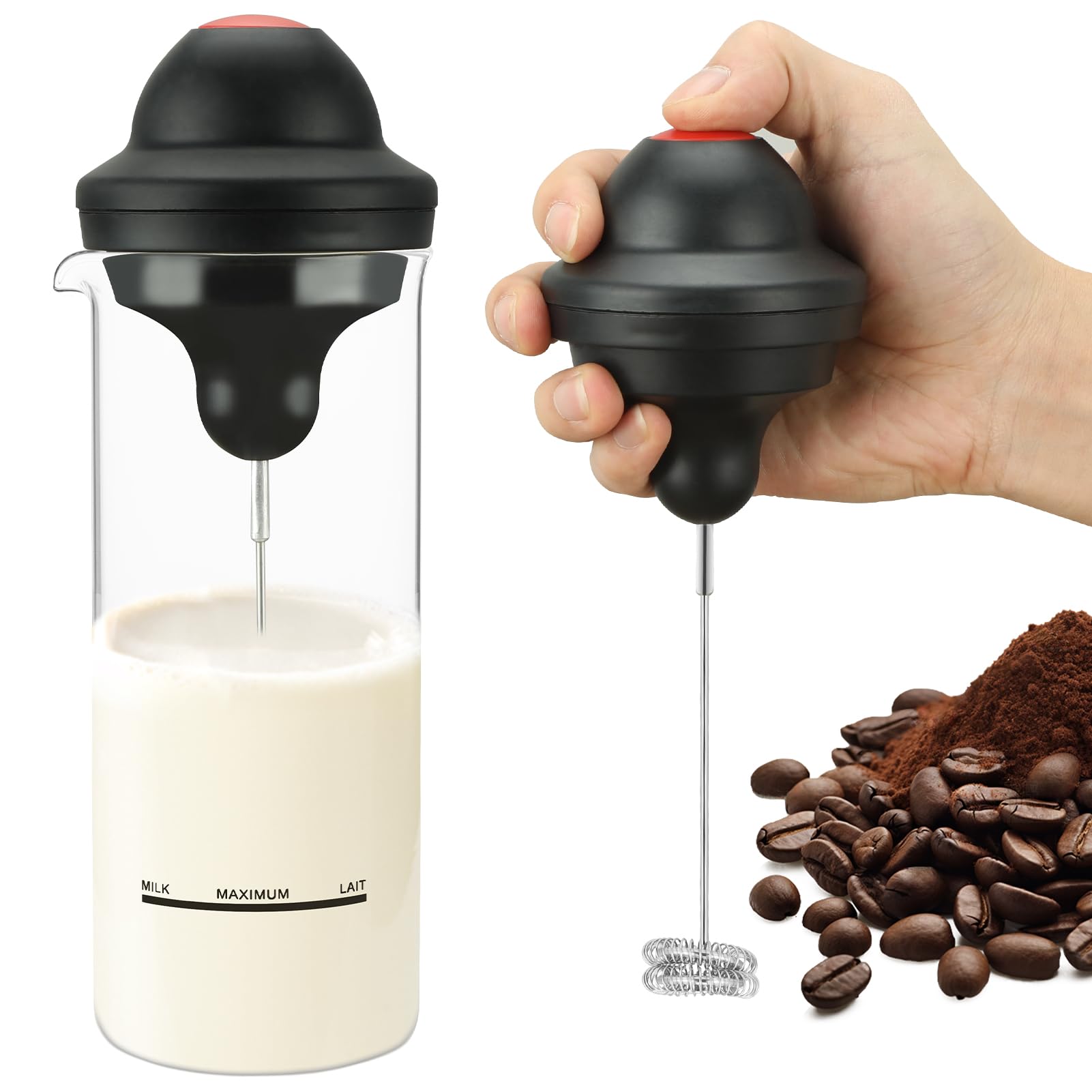 Mongdio Milk Frother Wand With Glass Cup, Handheld Battery Operated ...