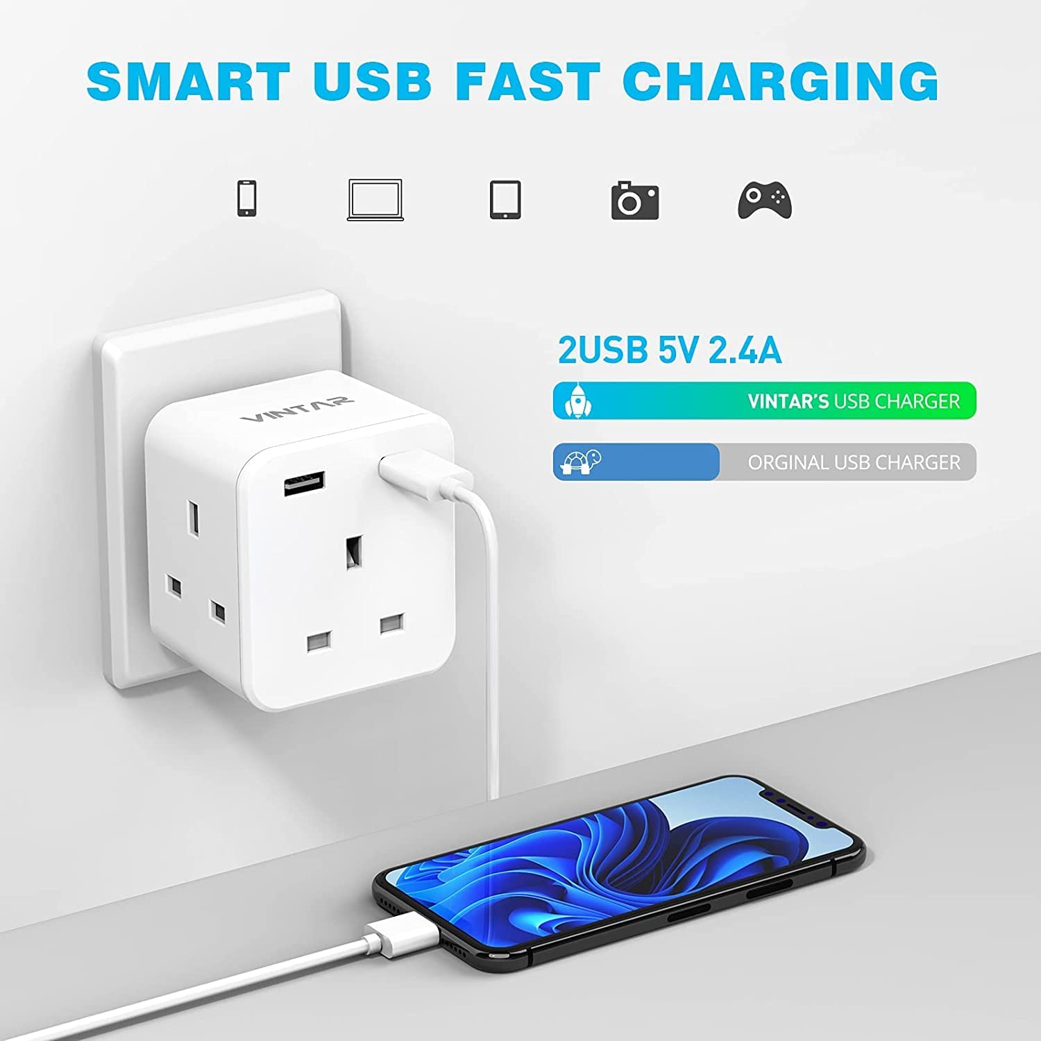 Mua VINTAR Plug Adaptor with 2 USB, 3 Way Plugs Extension Multiplug ...