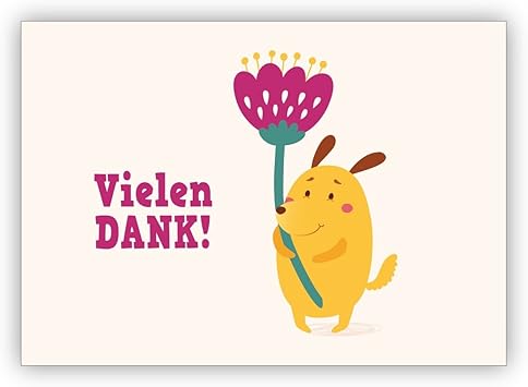 Fröhliche Dankeskarte mit kleinem Hündchen und Blume: Vielen Dank ...