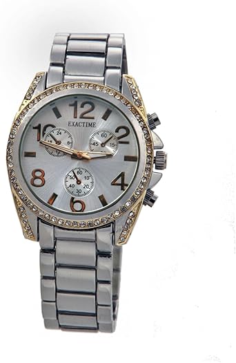 EXACTIME Chronograph Look Watch With Crystals.. Silver /Gold Tone Metal ...