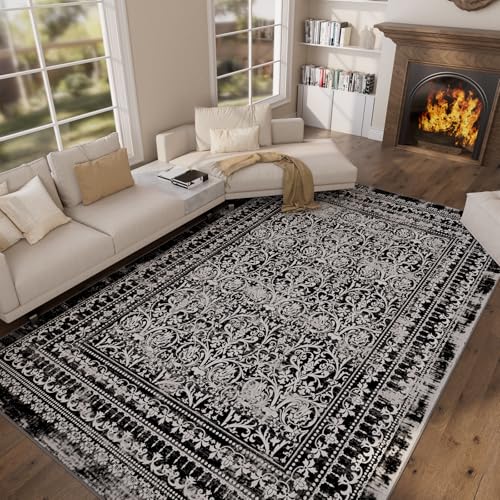 Washable Vintage Area Rug 5x7 Large Boho Non-Slip Backing Black Area ...