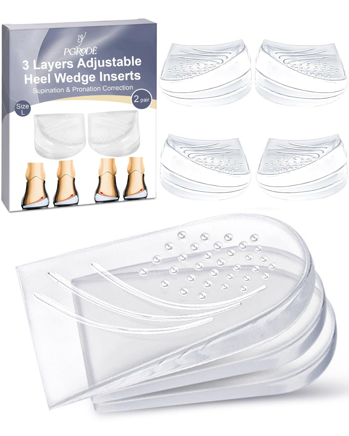 PGRODE 2 Pairs Foot Supination Correction Insoles, 3 Layers Adjustable ...