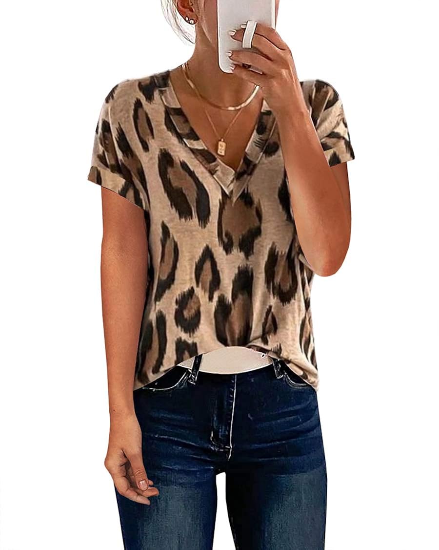 Buy BZB Women Leopard Print V Neck Short Sleeve Cotton T Shirt Summer ...
