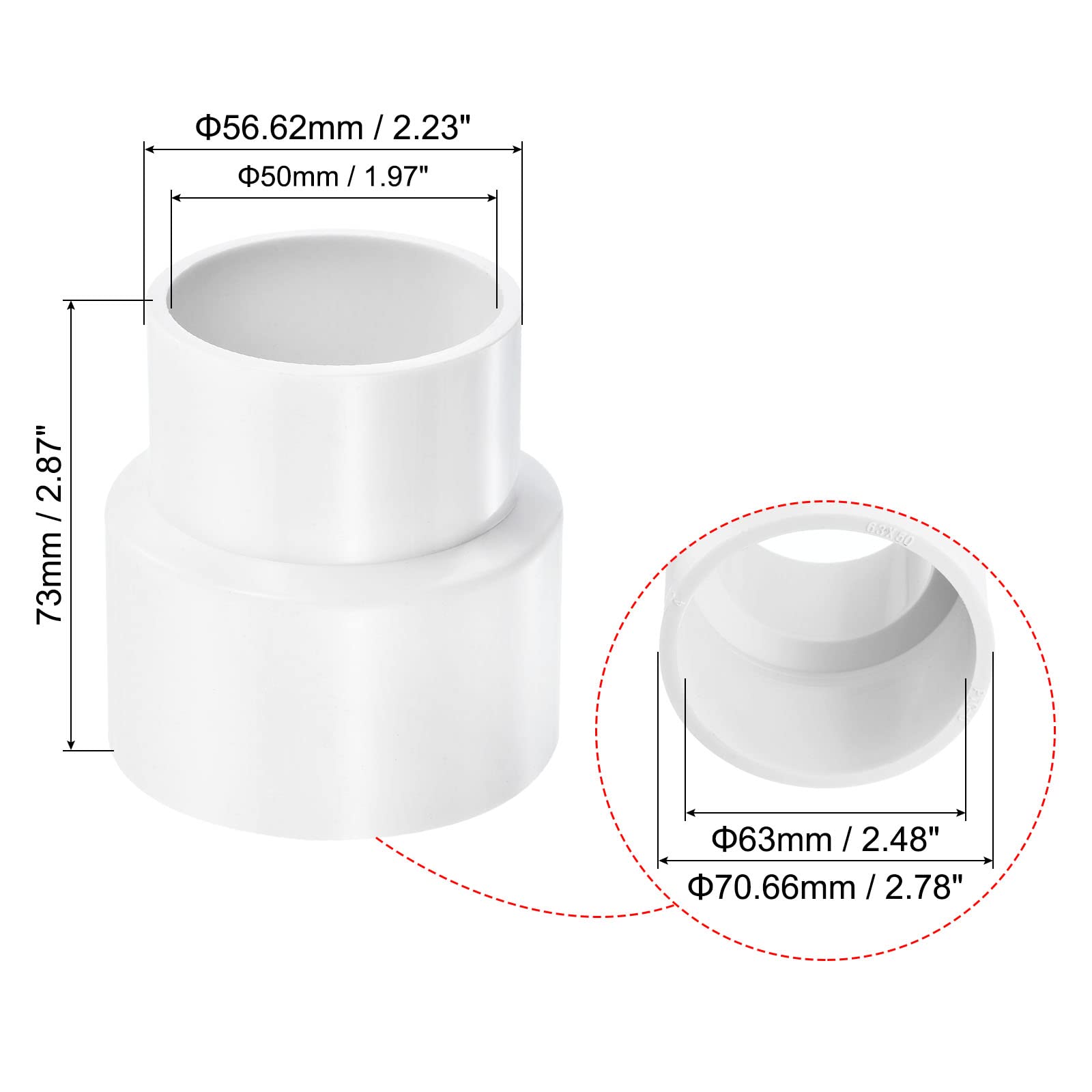 PATIKIL PVC Reducer Pipe Fitting 63mm To 50mm ID, 3 Pack Straight ...