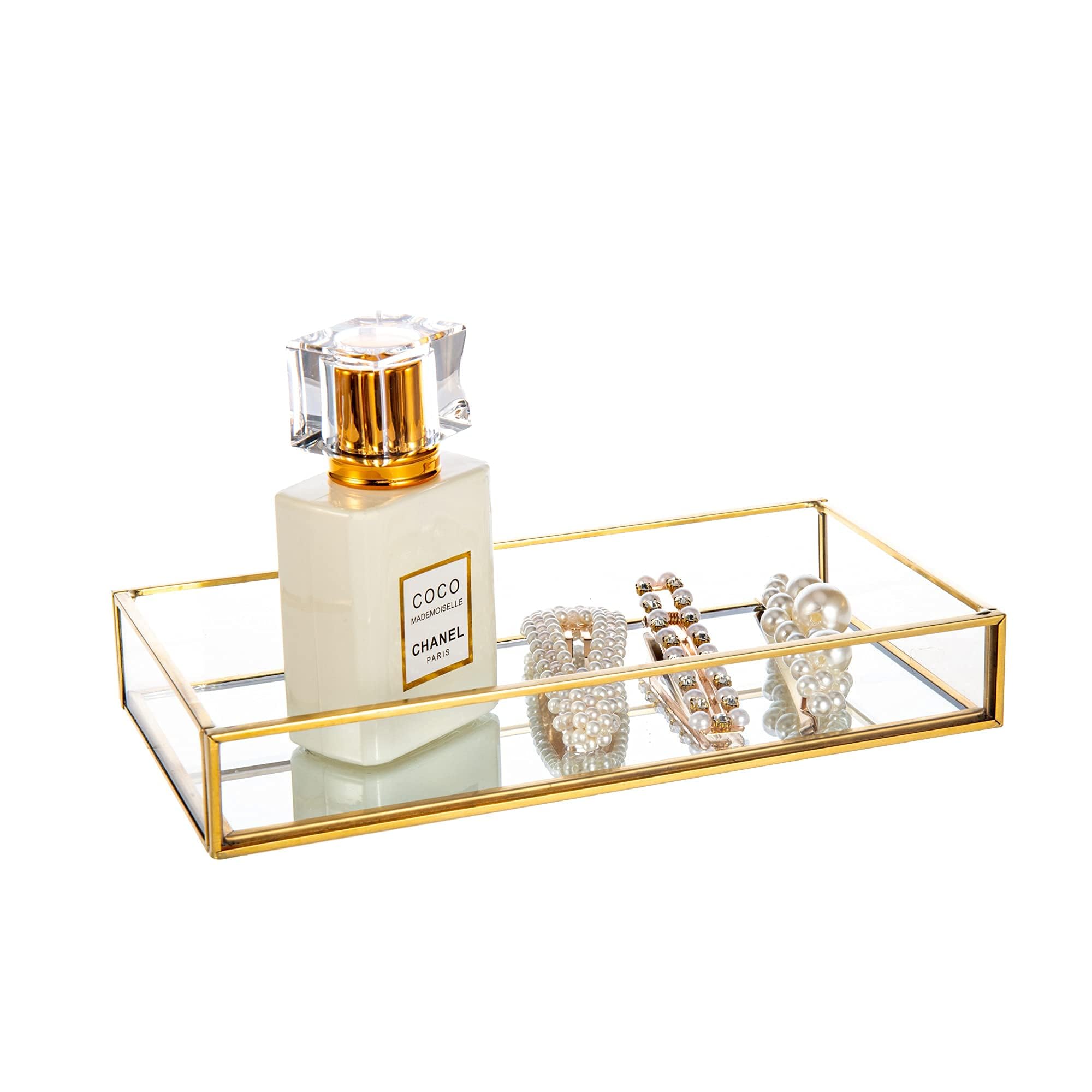 Feyarl Small Gold Clear Glass Perfume Tray Vanity Jewelry Trinket Rings ...