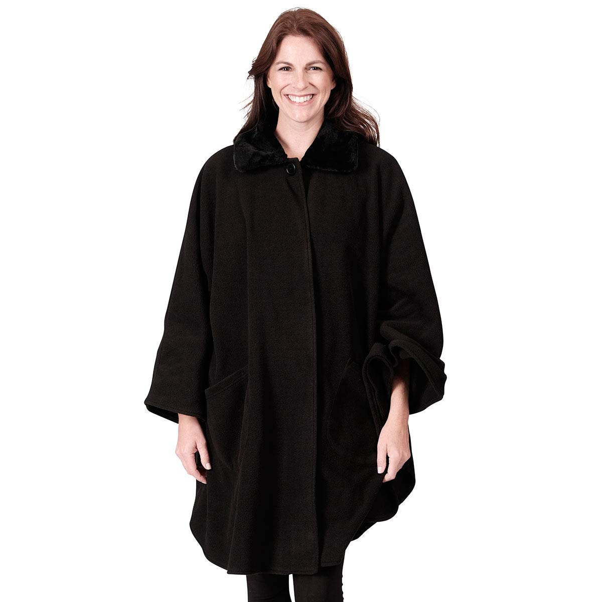 Le Moda Women's Faux Fur Trim Polar Fleece Shawl Cape with Pockets ...