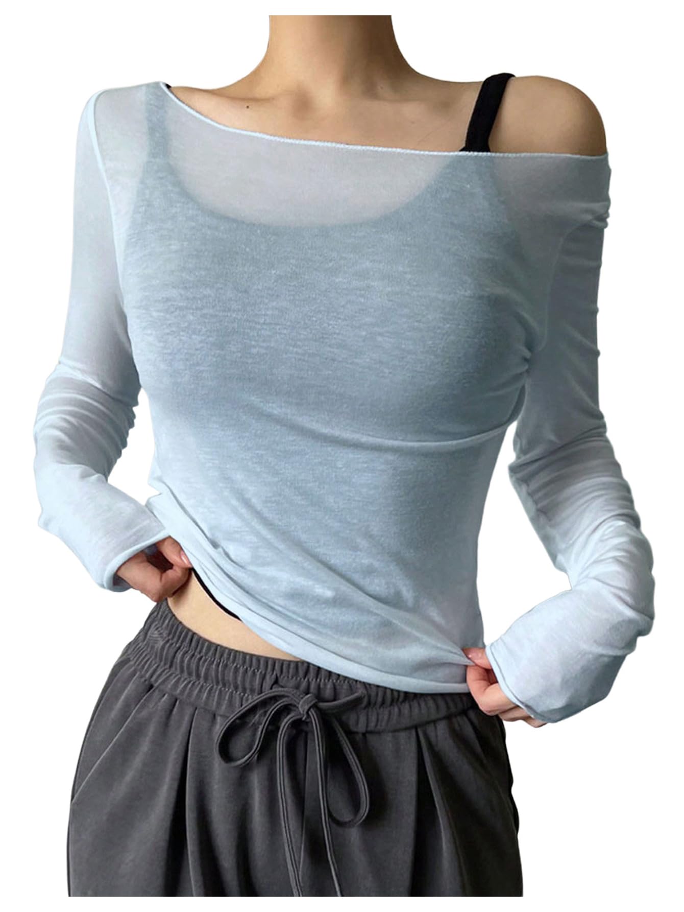 RoseSeek Women's Mesh Sheer Tops Off The Shoulder Long Sleeve See ...