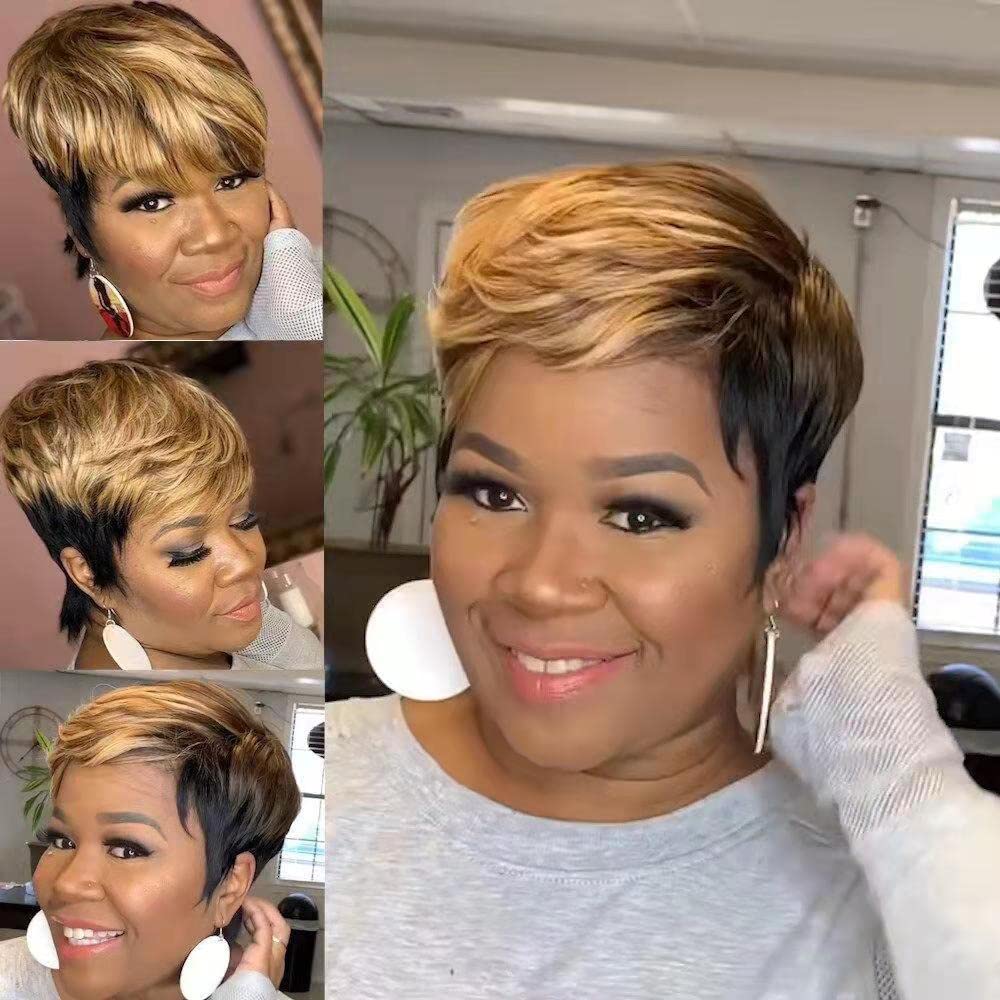 LEOSA Ombre Short Bob Pixie Cut Wig with Bangs for Black Women,Pixie ...