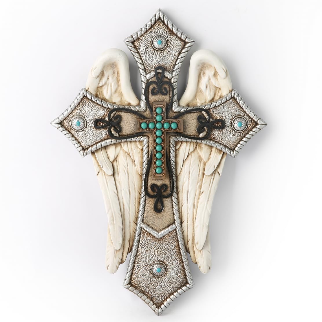 BC Home Decor Angel Wings Wall Cross, Leather and Silver Carve Look ...