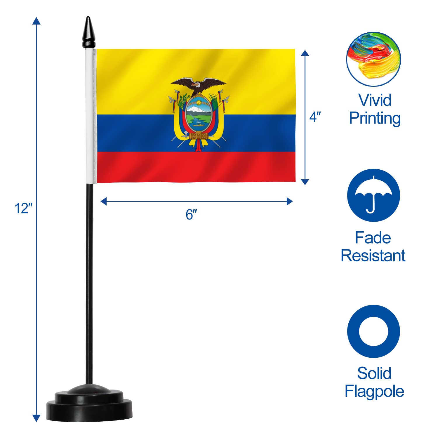 Anley Ecuador Deluxe Desk Flag Set - 6 X 4 Inch Miniature Ecuadorian EC ...