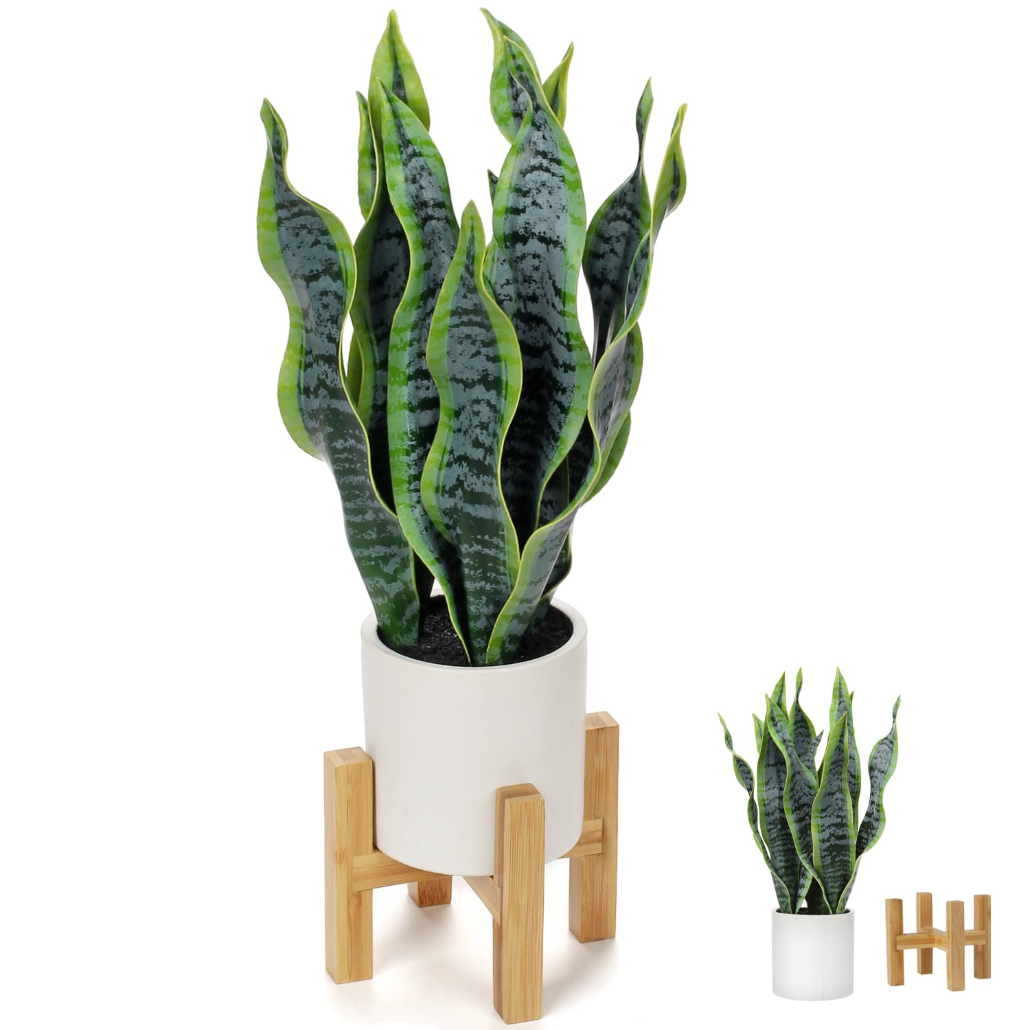 Hollyone Artificial Snake Plant Potted with Solid Wood Plant Stand, 19 ...