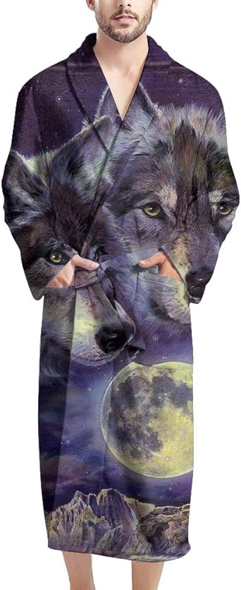 GLENLCWE Wolf Moon Print Bathrobe with 2 Pockets, Cool Men Bathrobe ...
