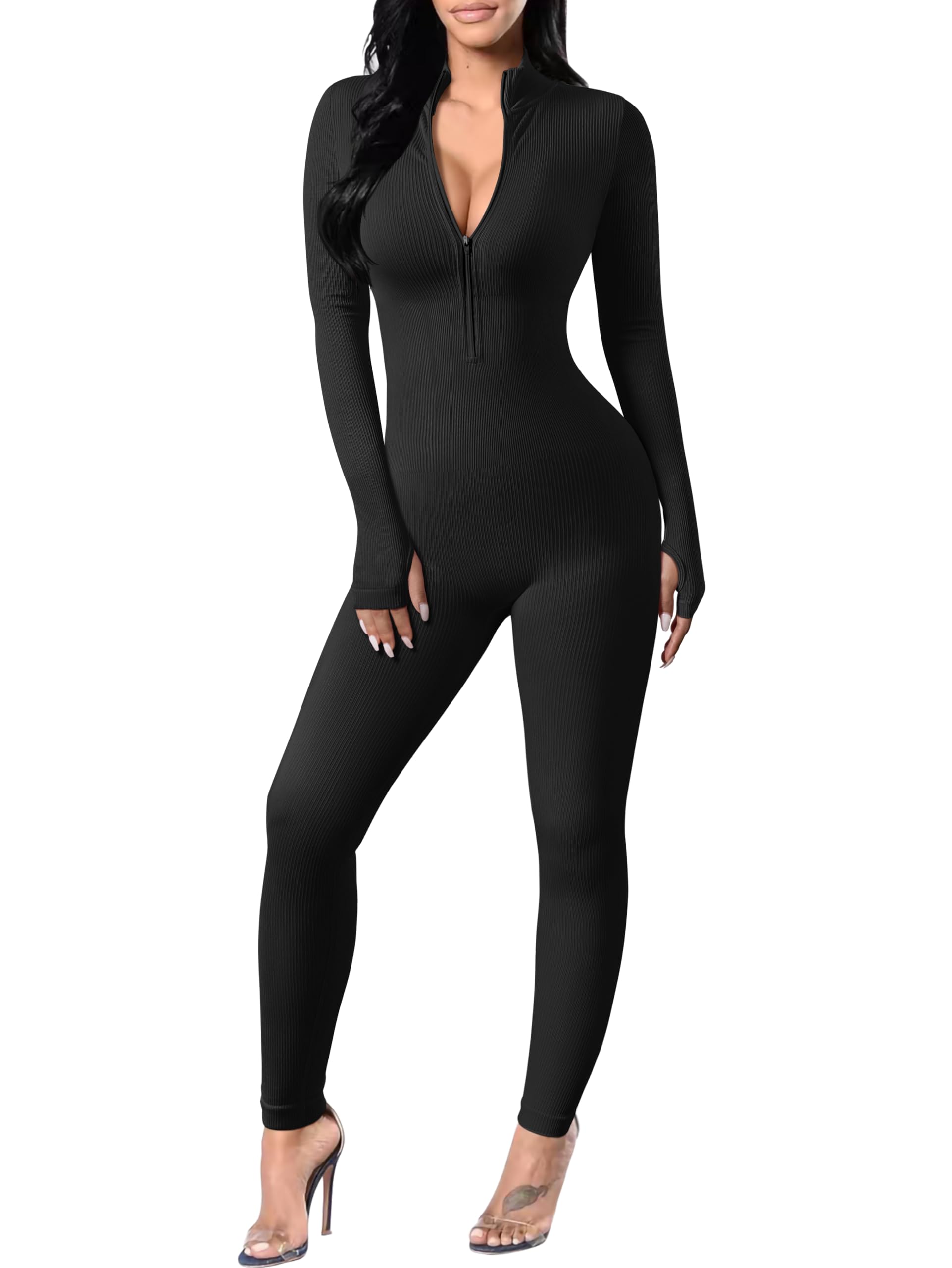 TOB Women Yoga Jumpsuits Workout Ribbed Long Sleeve Zip Front Exercise Jumpsuits Black for sale ...