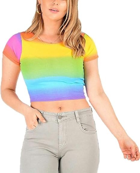 21Fashion Womens Rainbow Print Short Sleeve Crop Top Ladies Summer Wear ...
