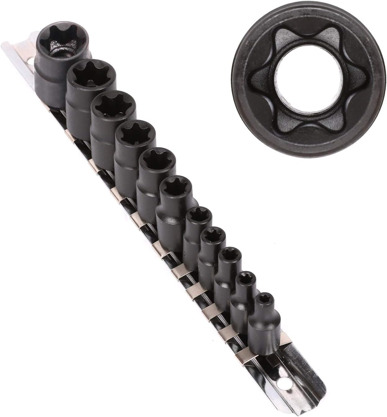CASOMAN 11 PC Female E-TORX Star Socket Set with Rail, Female External ...