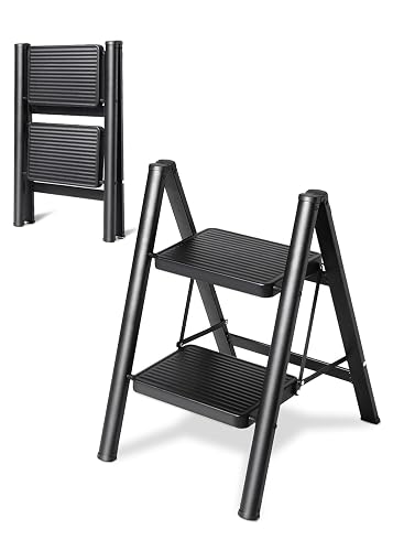 Double Elite Step Ladder 2 Step Folding, Sturdy 330 Lbs Load Folding ...