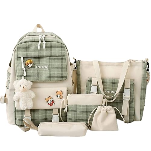 5Pcs Kawaii Plaid Backpack Set Aesthetic Preppy Cute Checkered with ...