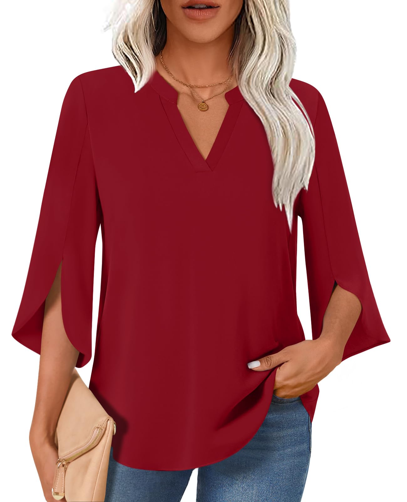 Findsweet Womens Tops Dressy Casual Summer Ruffle 3/4 Sleeve V Neck ...