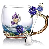 Amazon.com | Tea Cup Glass Coffee Mugs Enamel Rose Flower Butterfly ...