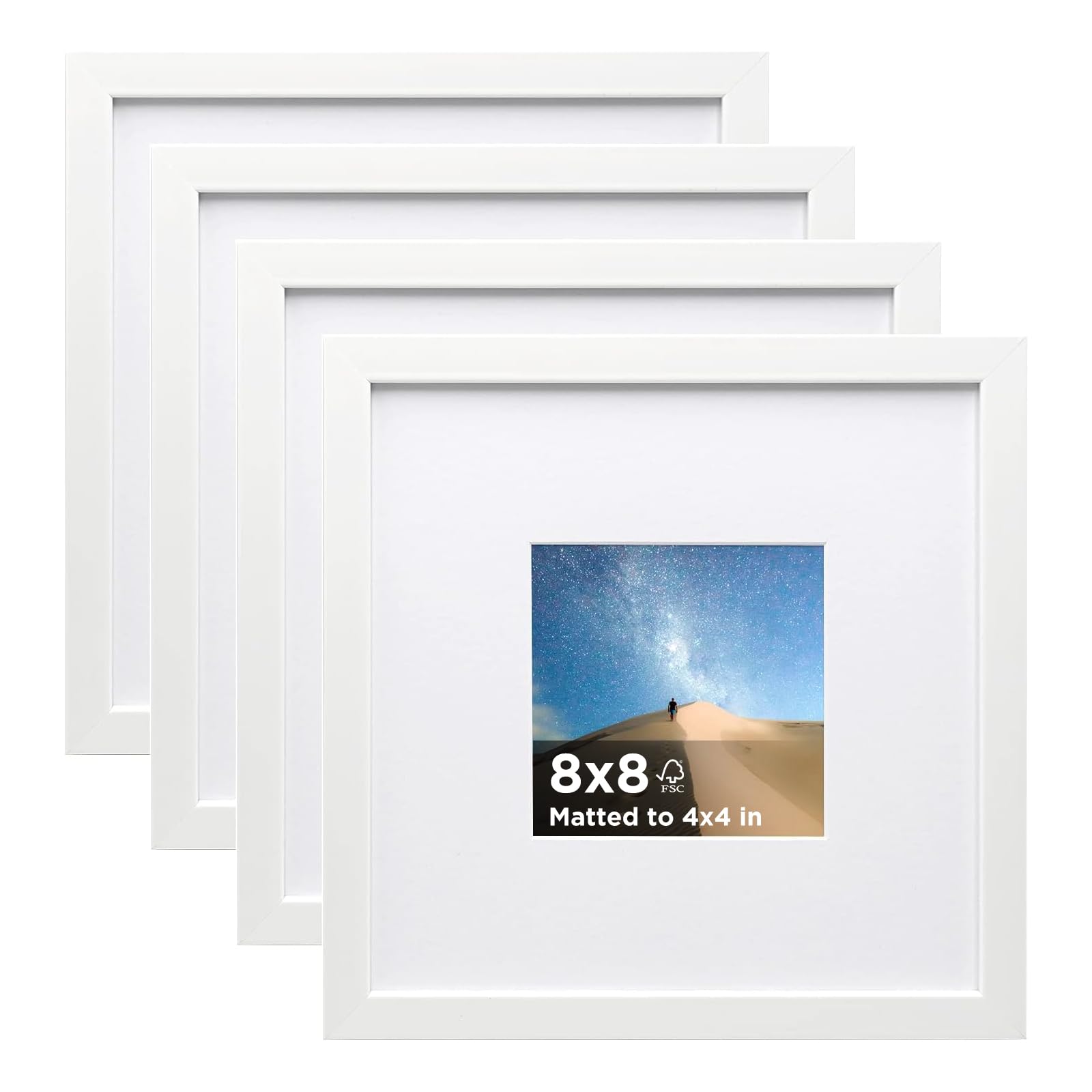 KINLINK 8x8 Picture Frame White Set of 4, Wooden Square Photo Frames ...