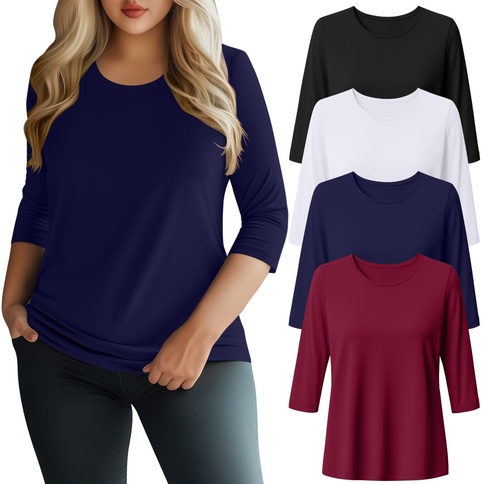 Evervibe 4 Pack Plus Size 3/4 Length Sleeve Women's Tops Crew Neck Basic T Shirts Loose Fit ...
