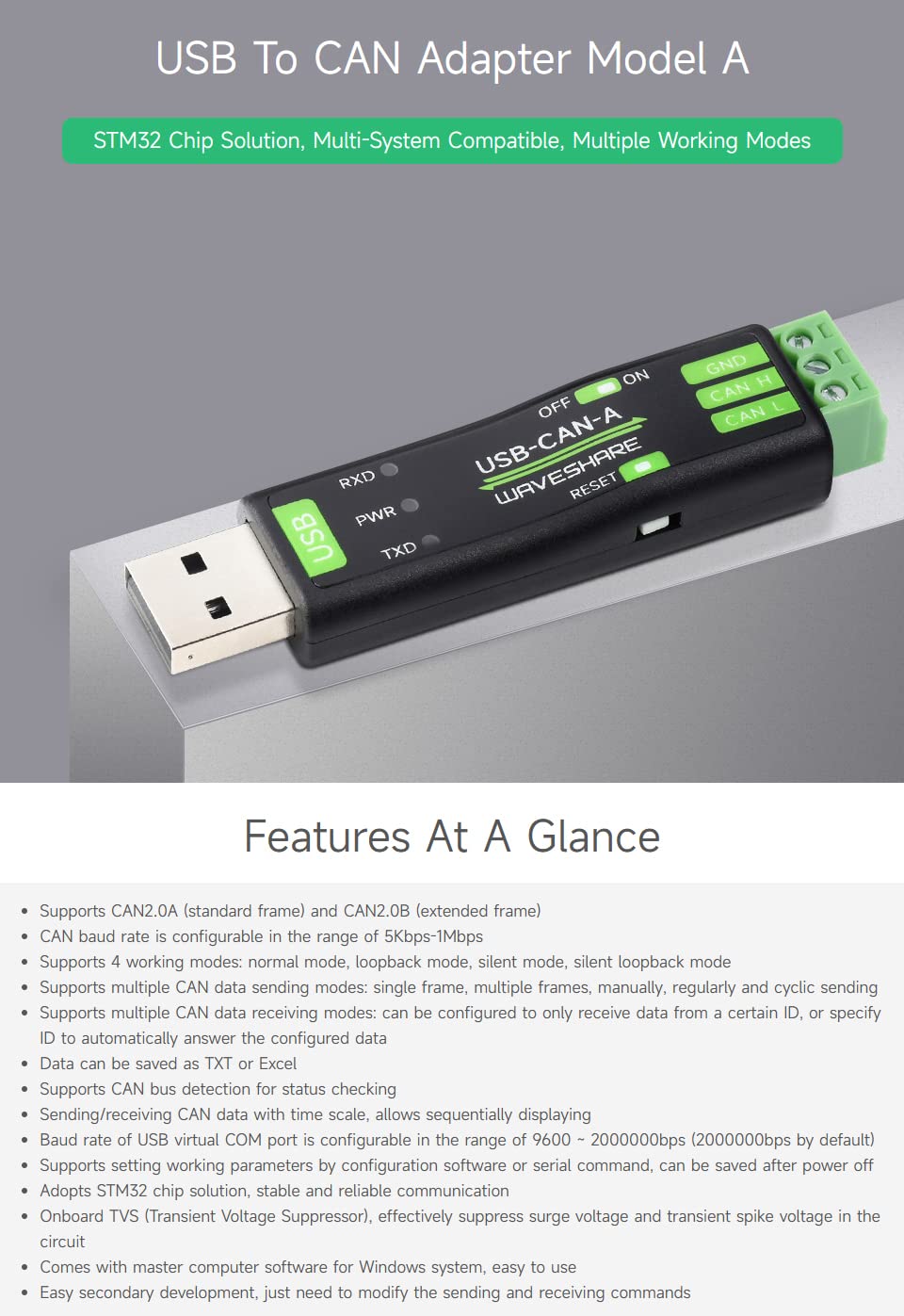Mua Waveshare USB to CAN Adapter Analyzer, Adopts STM32 Chip Scheme, 4 Working Modes, Stable ...