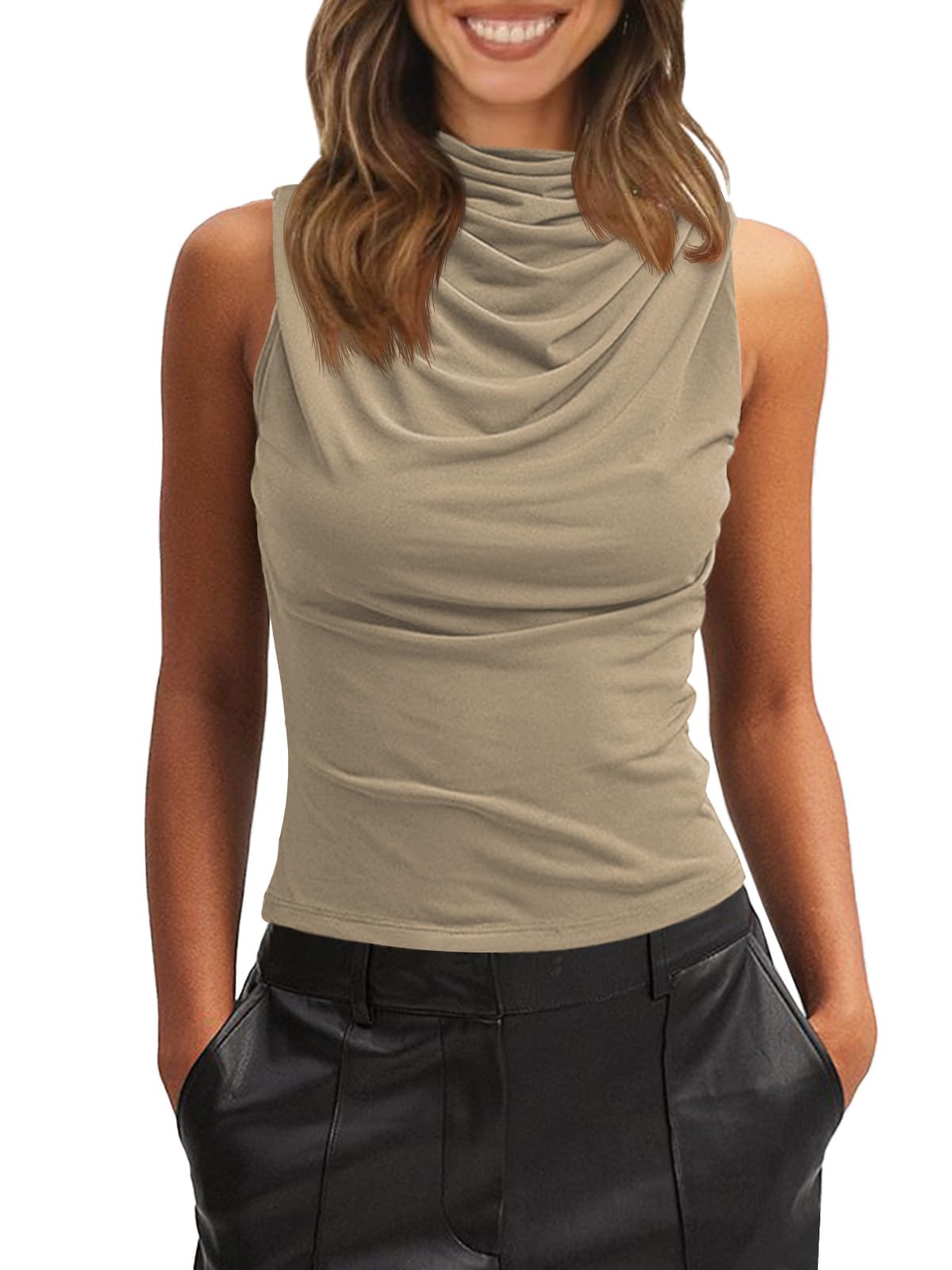Tankaneo Womens Sleeveless Tank Tops Slim Fitted Mock Neck Draped ...