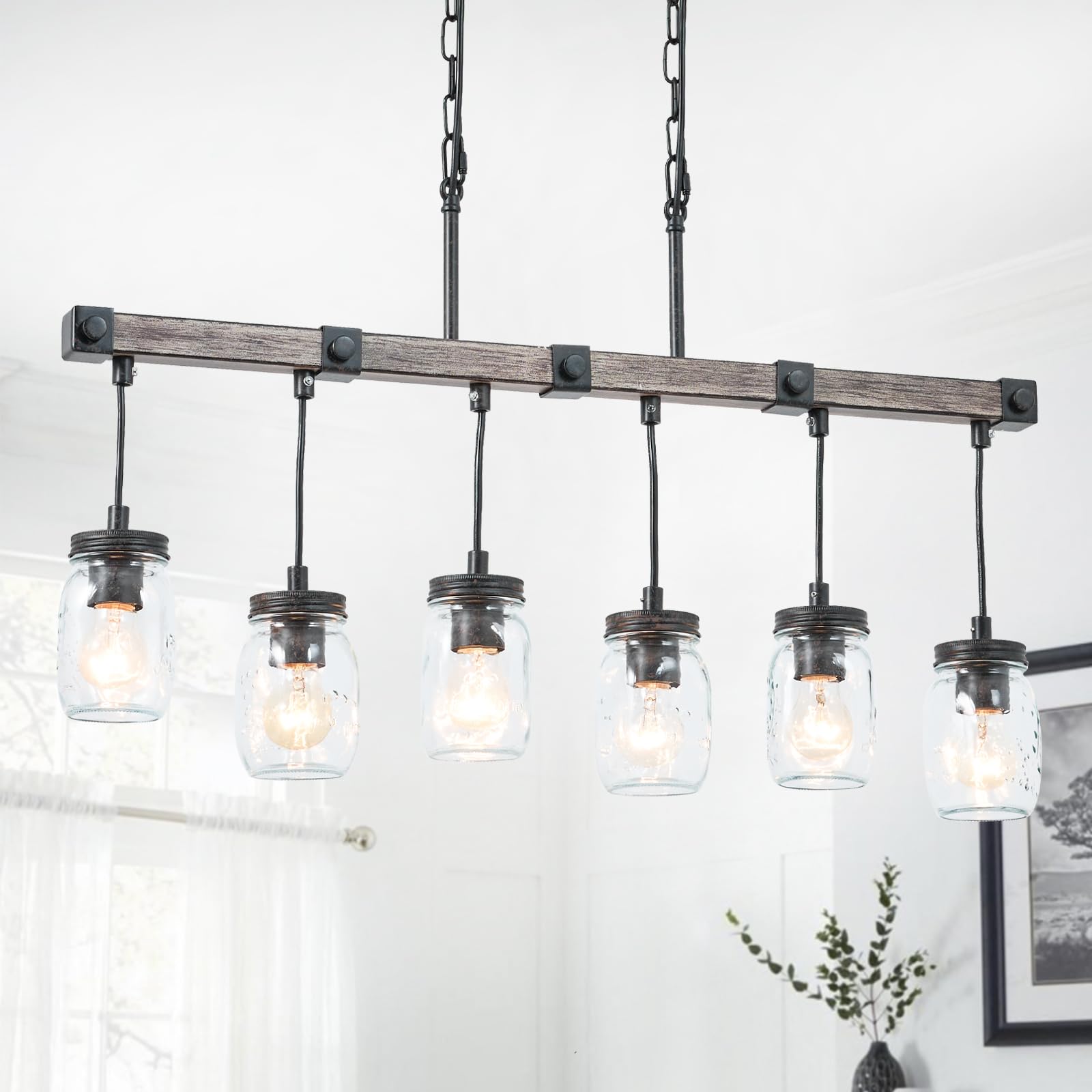 Farmhouse Kitchen Island Lighting, Mason Jar Chandelier, 6-Light Linear ...