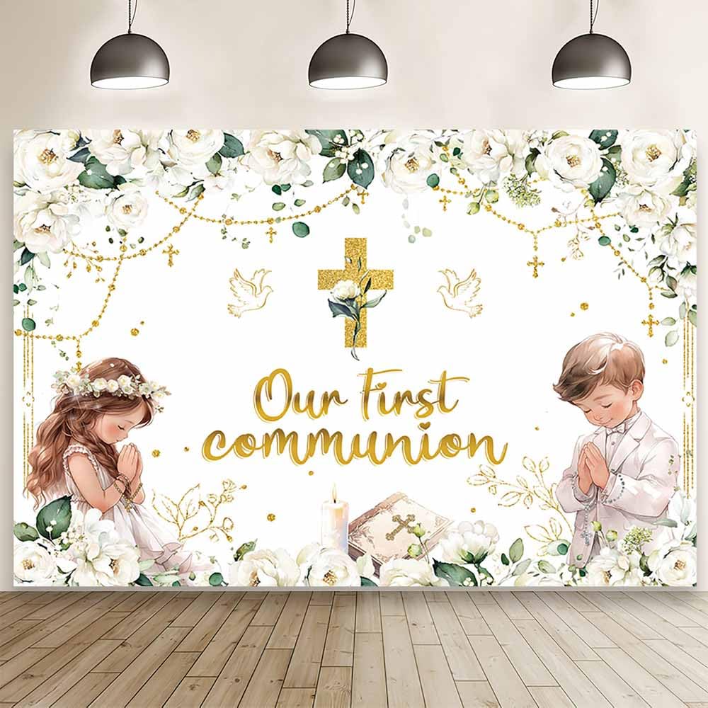 MEHOFOND 7x5ft Our First Holy Communion Backdrop White and Elegant ...