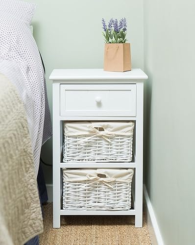 Shabby Chic White 2 Drawer Tall Bedside Unit with Wicker Storage ...