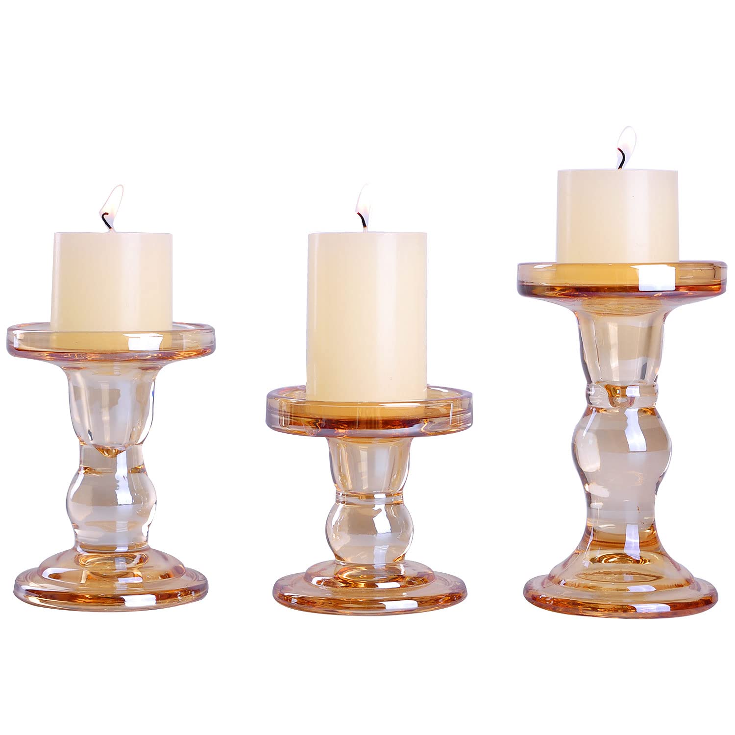 IBWell Set of 3 Amber Colored Glass Candle Holder for Pillar Candle ...