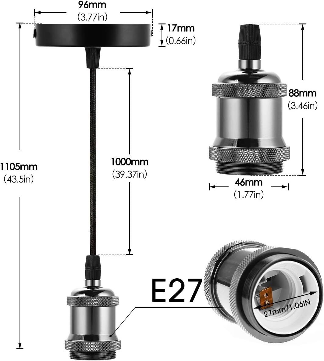 Vintage Ceiling Pendant Light Fitting, E27 Lamp Holder Black Chrome ...