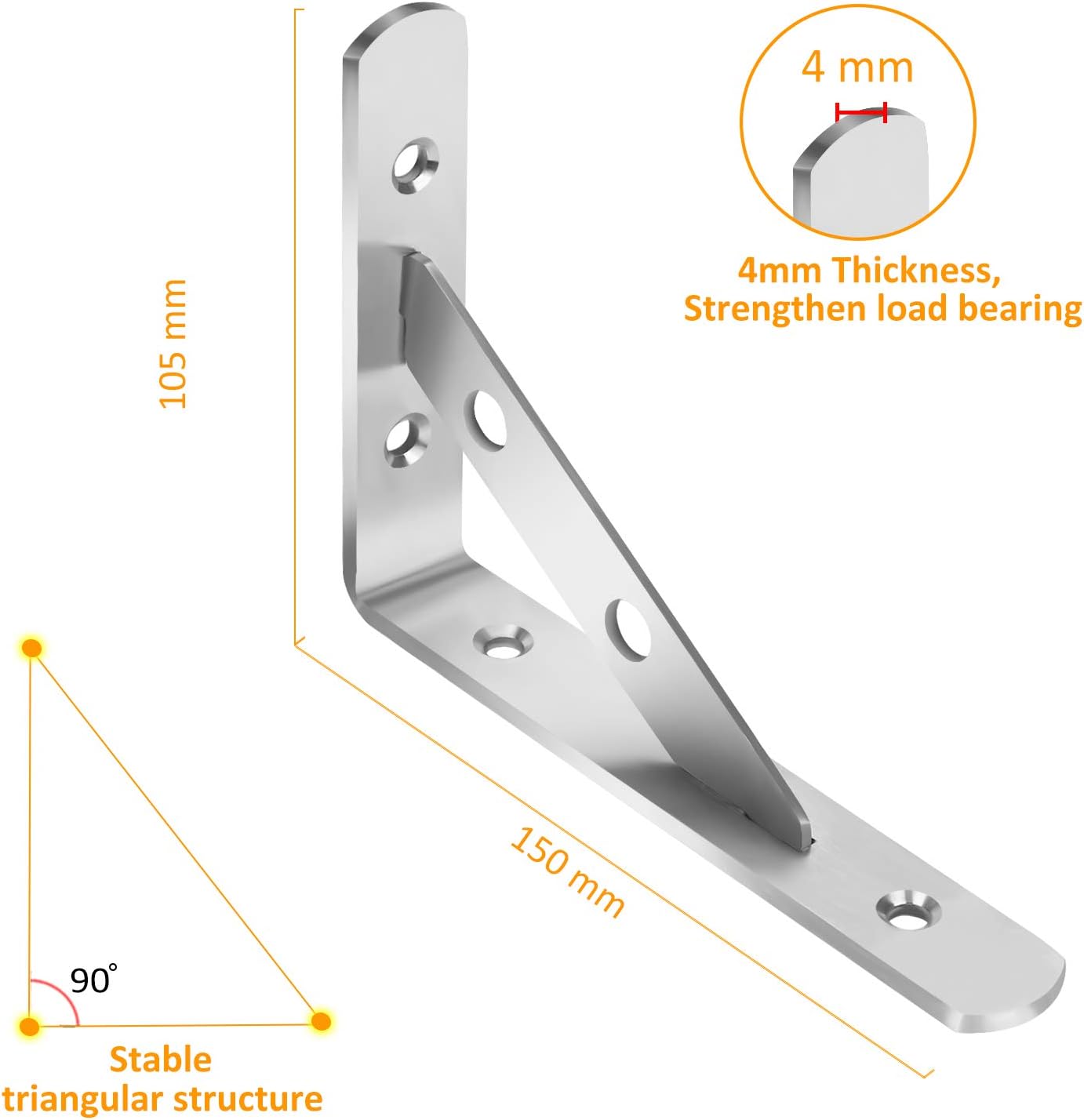 Wall Mounted Shelf Bracket, 2 Pcs 90 Degree L Shaped Brackets Stainless ...