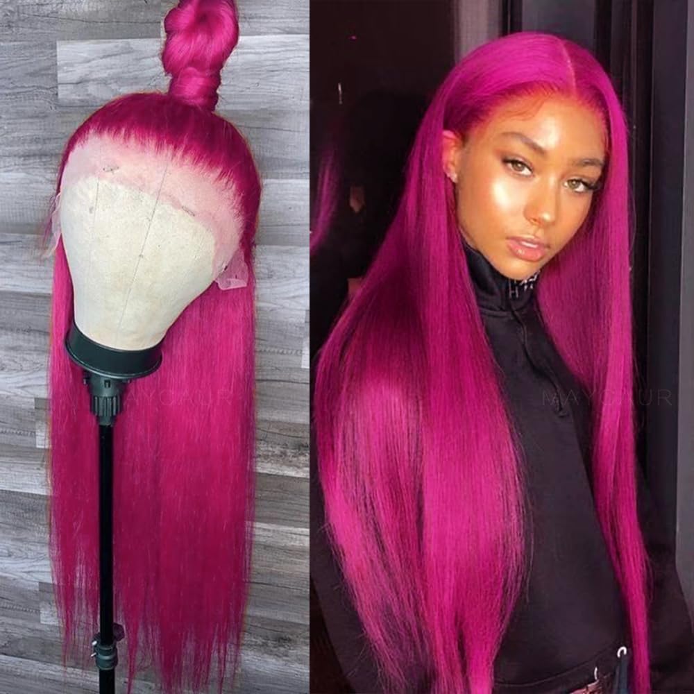 Maycaur Long Straight Hot Pink Lace Front Wigs Pre Plucked Hairline ...