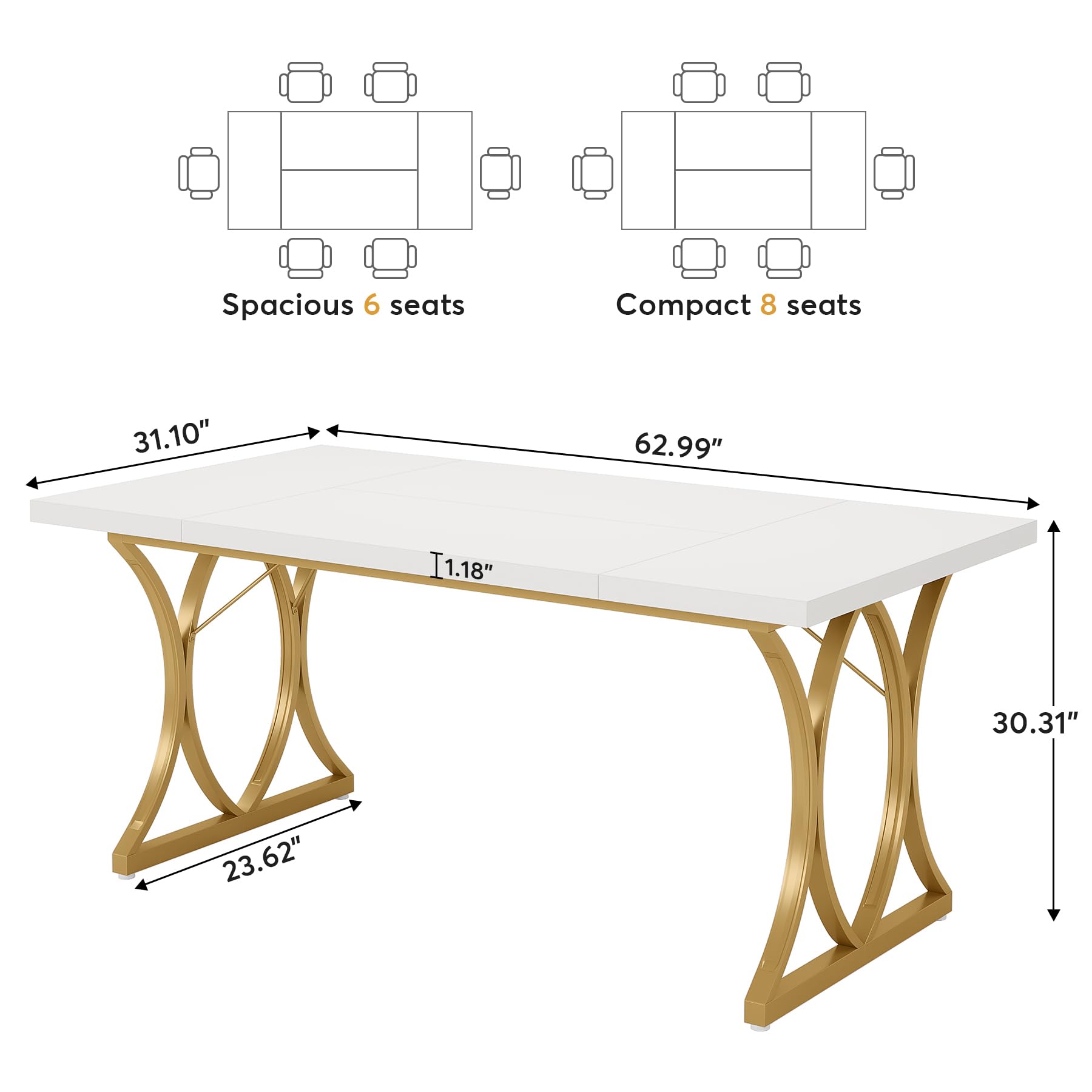 Tribesigns Modern Dining Table For 6 People, 63 L X31W X 30 H Inches ...