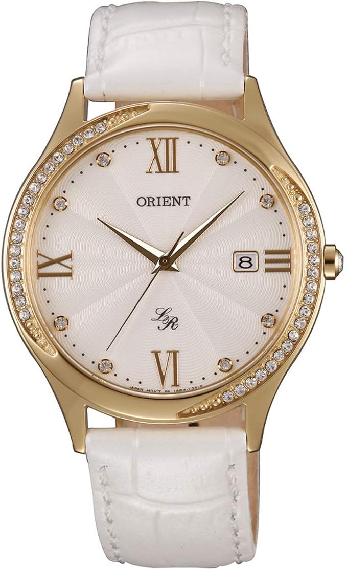Orient modern ladies watch with real leather strap rhinestone gold ...