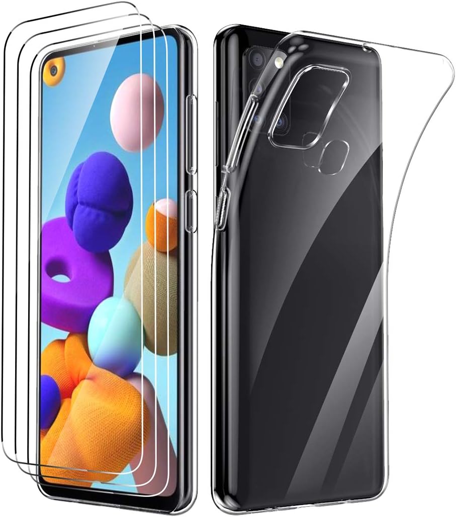 Oududianzi - Case for Samsung Galaxy A21S+ [3x Tempered Glass Screen Protector], Slim Soft Clear ...