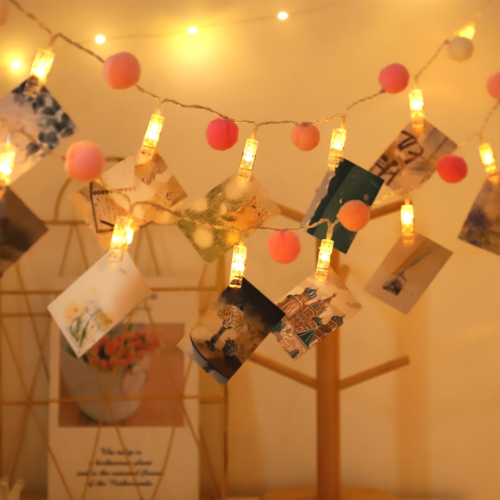 9.85Ft Photo Clip String Lights with 20 Cute Pompoms 20 LED Clear Clips ...