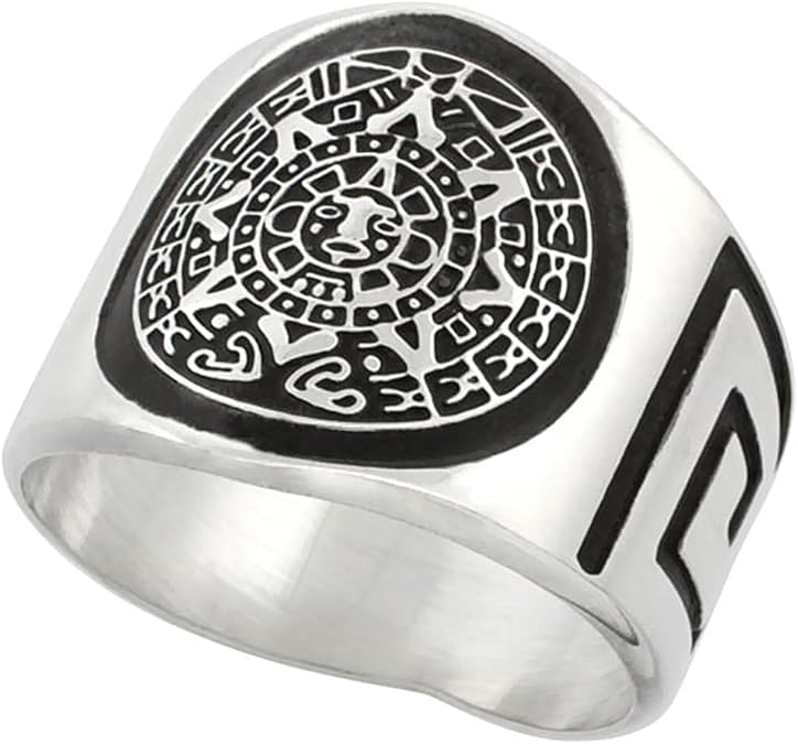 Sterling Silver Mens Aztec Calendar Ring Greek Key Pattern Sides 18mm ...