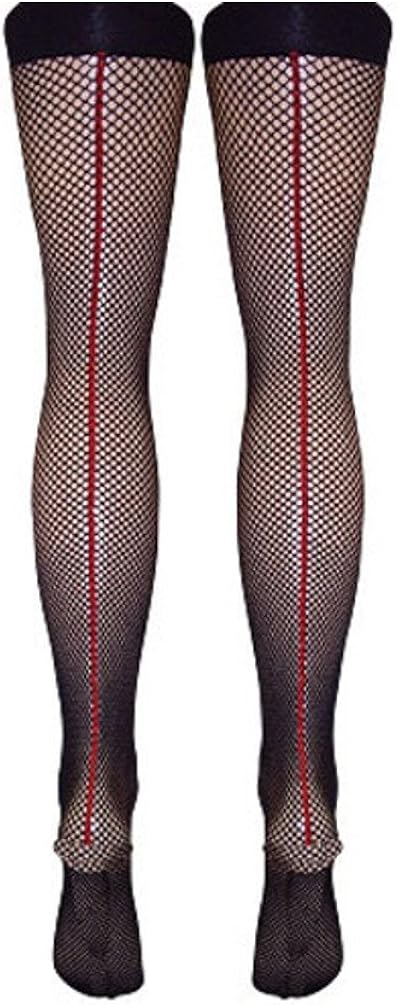 Black Fishnet Stockings with Red Back Seam: Amazon.co.uk: Clothing