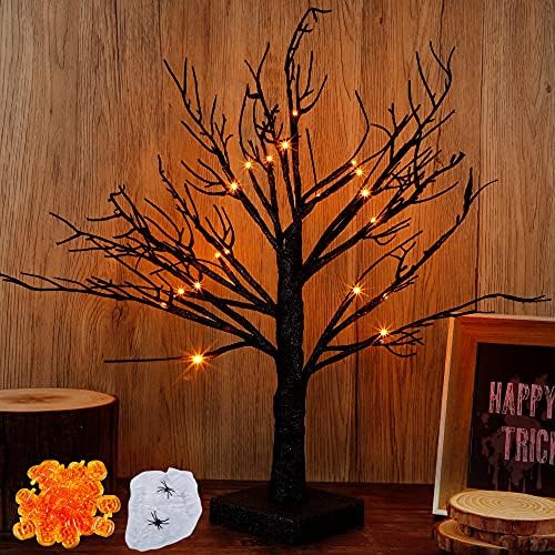 Brwoynn 18 Inch Lighted Black Birch Tree with 24 Pumpkins, Halloween ...