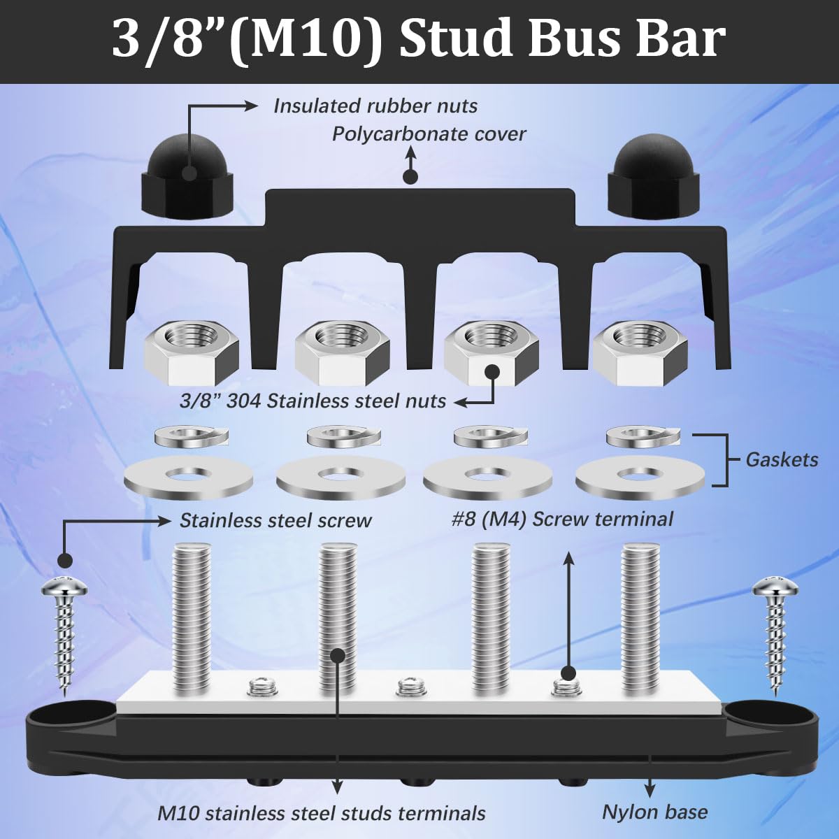 Mua 250A 12V Bus Bar Marine Power Distribution Block with Cover with 4 x 3/8”Post 3 x #8 Screws ...