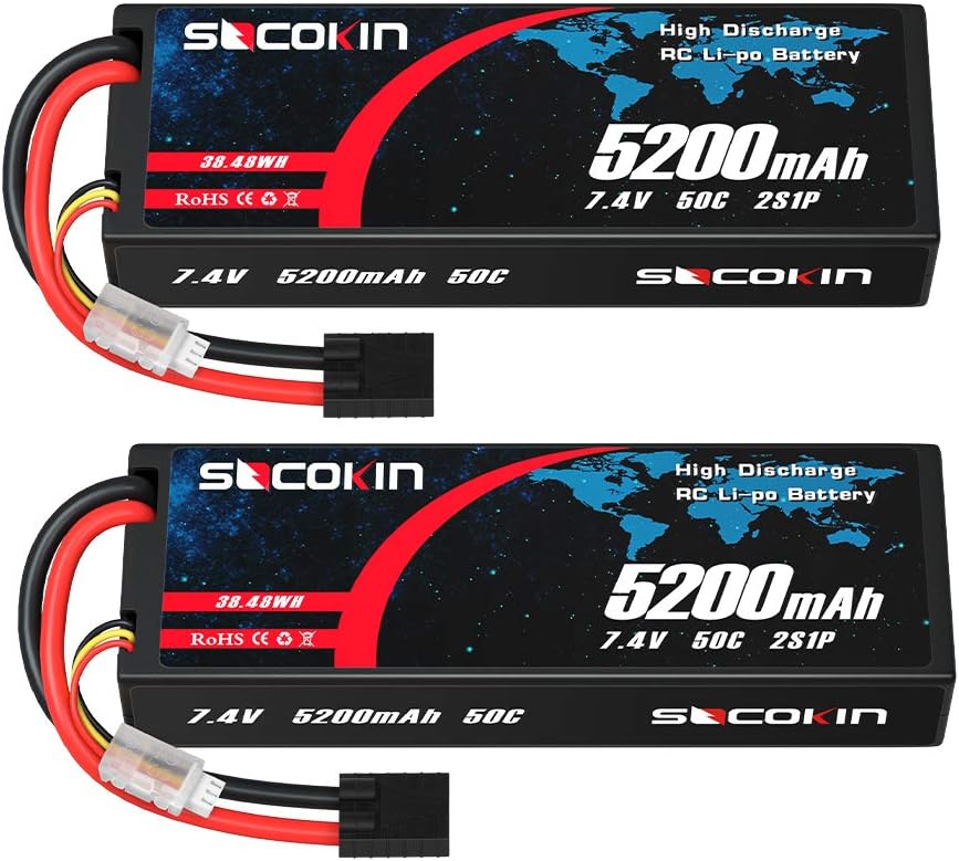 Amazon.com: Socokin 2S Lipo Battery 7.4V 5200mAh 50C Hard Case TR Plug for RC Evader BX Car RC ...