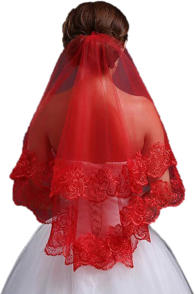 Red Lace Wedding Veil Short One Layer Bride Bridal Veils at Amazon ...