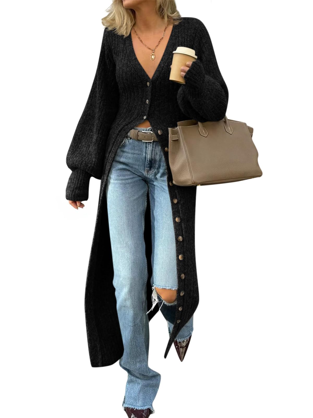 Saodimallsu Womens Long Cardigans V Neck Button Down Chunky Knit ...