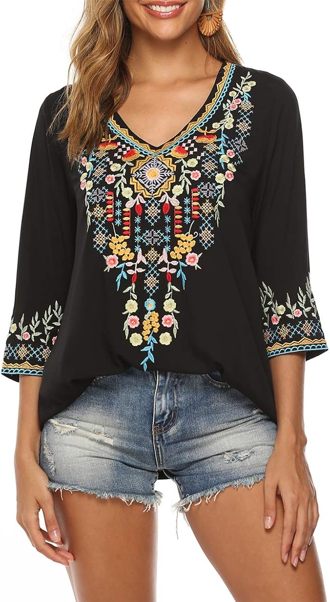 BIOHANBLE Womens Boho Embroidered Peasant Tops 3/4 Sleeve V Neck ...
