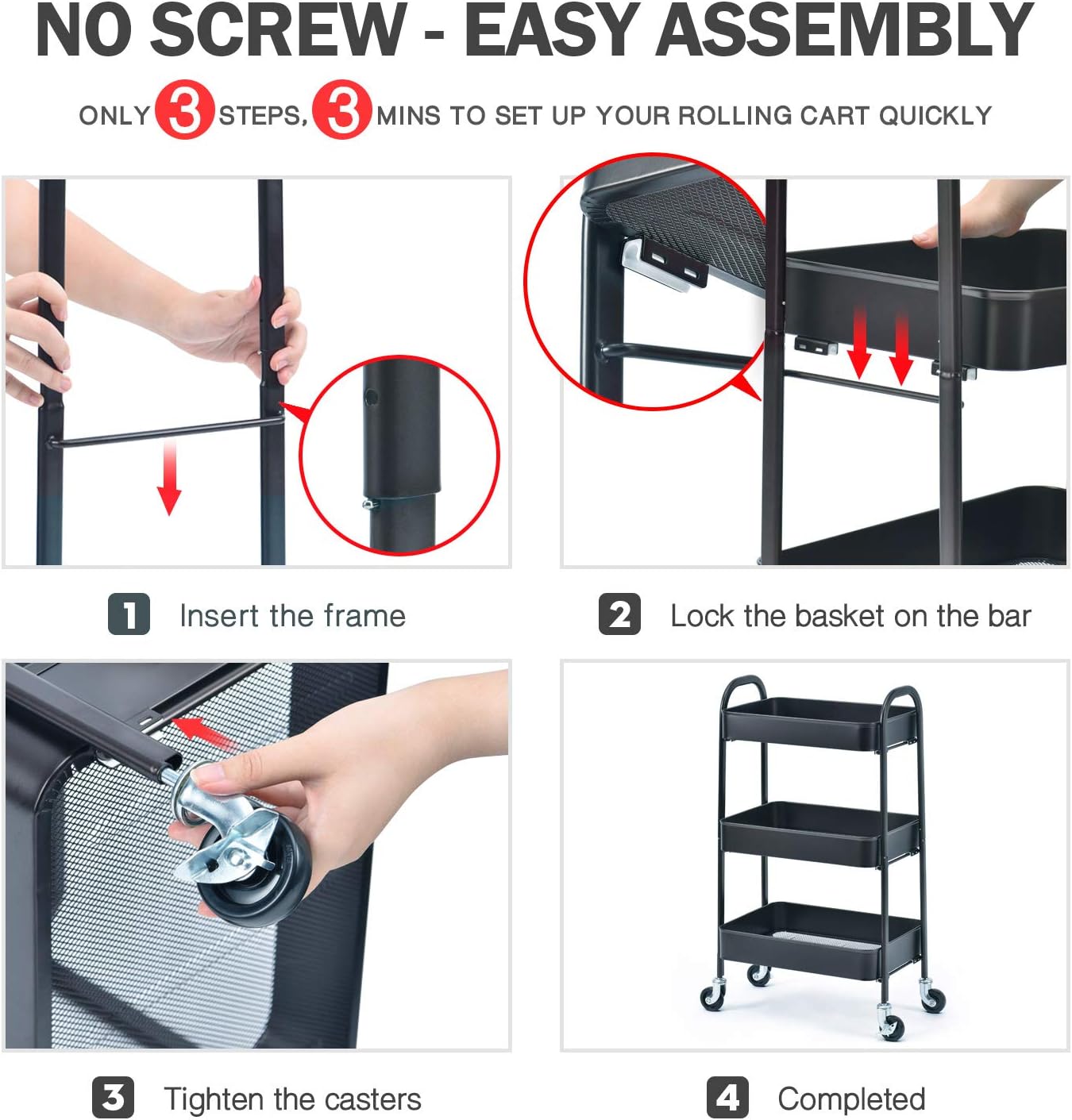 kingrack Storage Trolley on wheels, 3-Tier Rolling Cart,Utility Cart ...