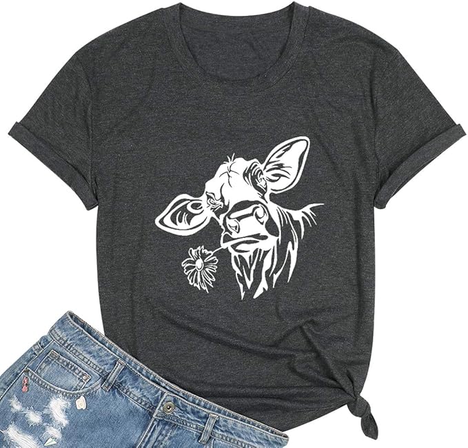 Cow Tshirt Womens Fun Animal Graphic Tees Casual Short Sleeve Summer ...